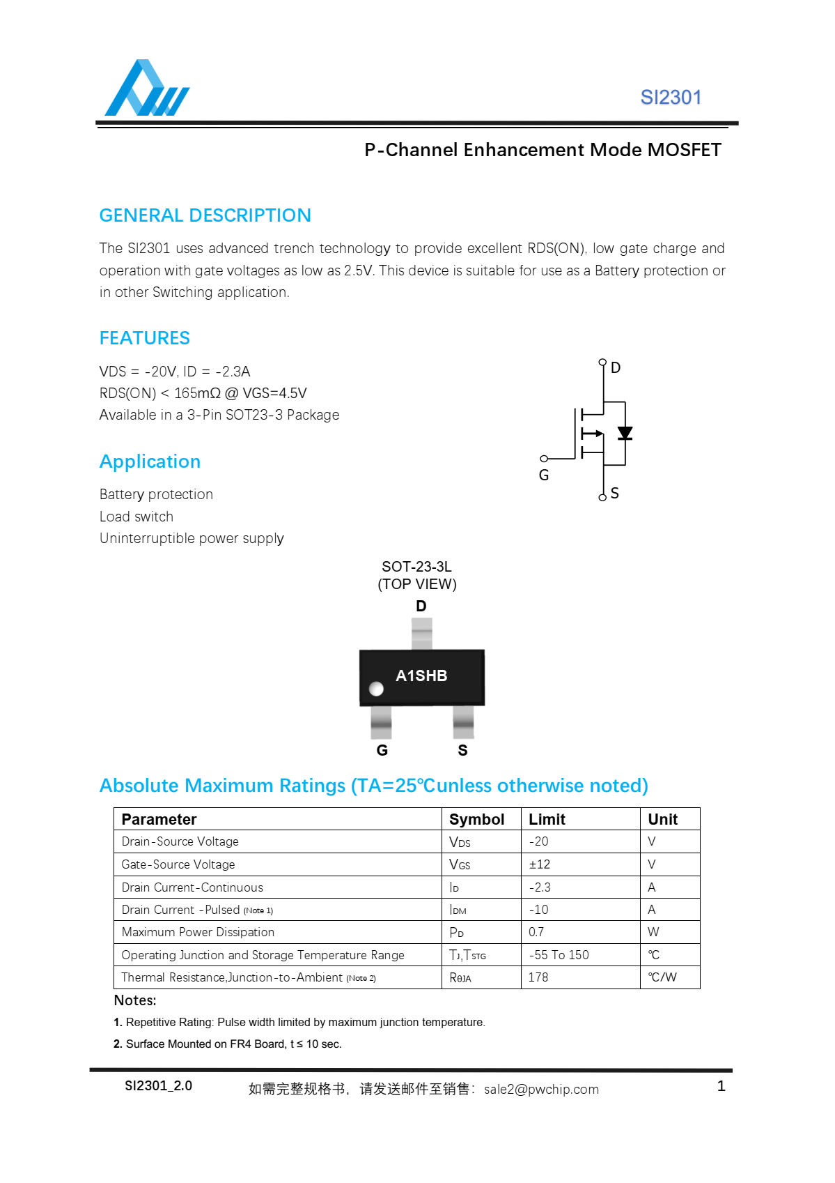 SI2301 - MOSFET - Wuxi PWChip Semi Technology CO., LTD