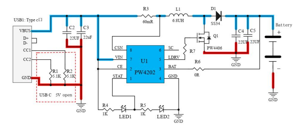 USB C port 5V input, two series lithium battery charging management ...