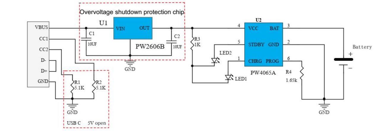 USB input with 6.1V overvoltage off, 40V voltage protection, 4.35V ...